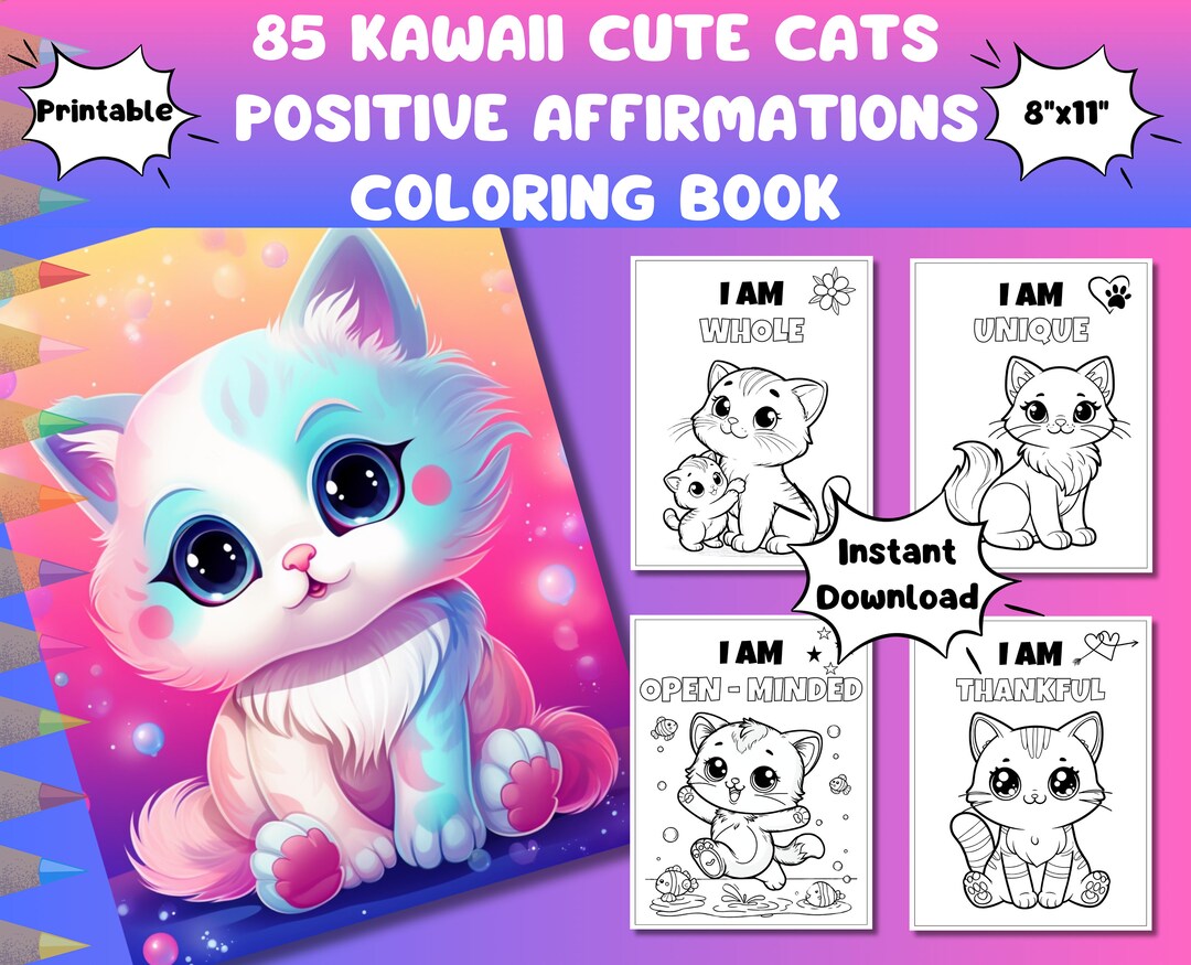85 Kawaii Cute Cats Positive Affirmations Coloring Book | Digital ...