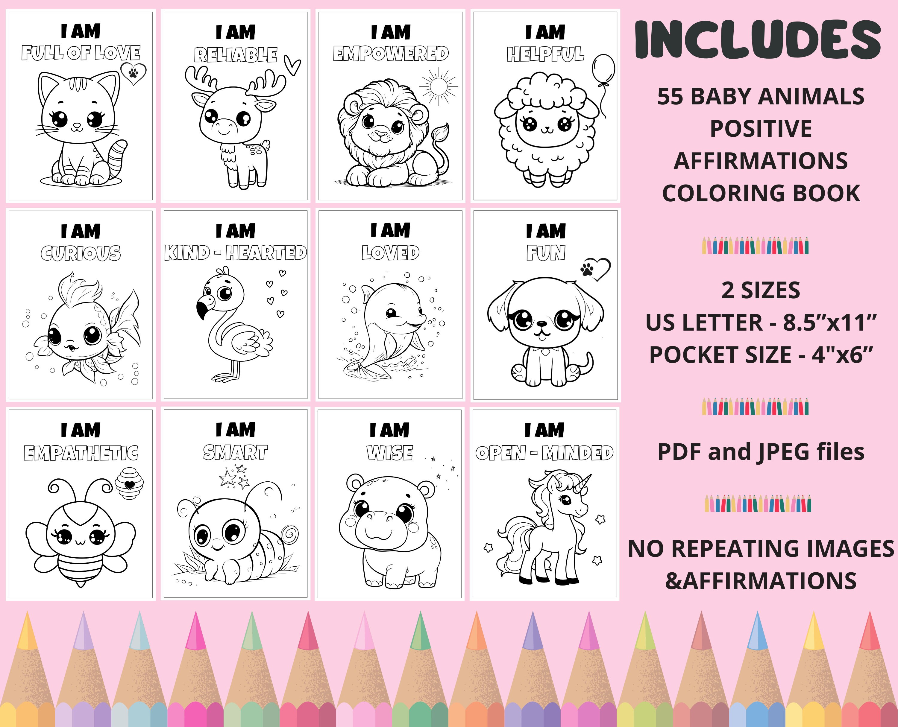 55 Baby Animals Positive Affirmations Coloring Book | Digital Download ...