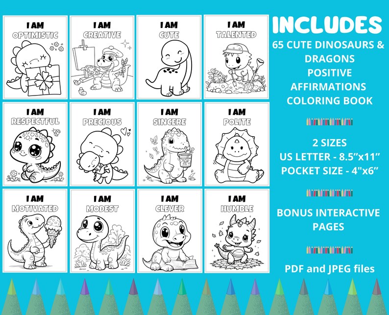 65 Cute Dinosaurs Positive Affirmations Coloring Book | Digital ...