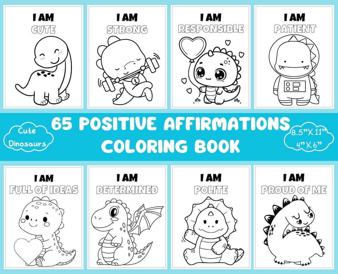 65 Cute Dinosaurs Positive Affirmations Coloring Book | Digital ...