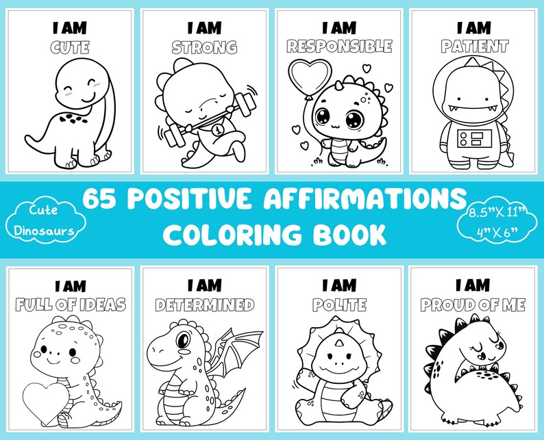 65 Cute Dinosaurs Positive Affirmations Coloring Book | Digital ...