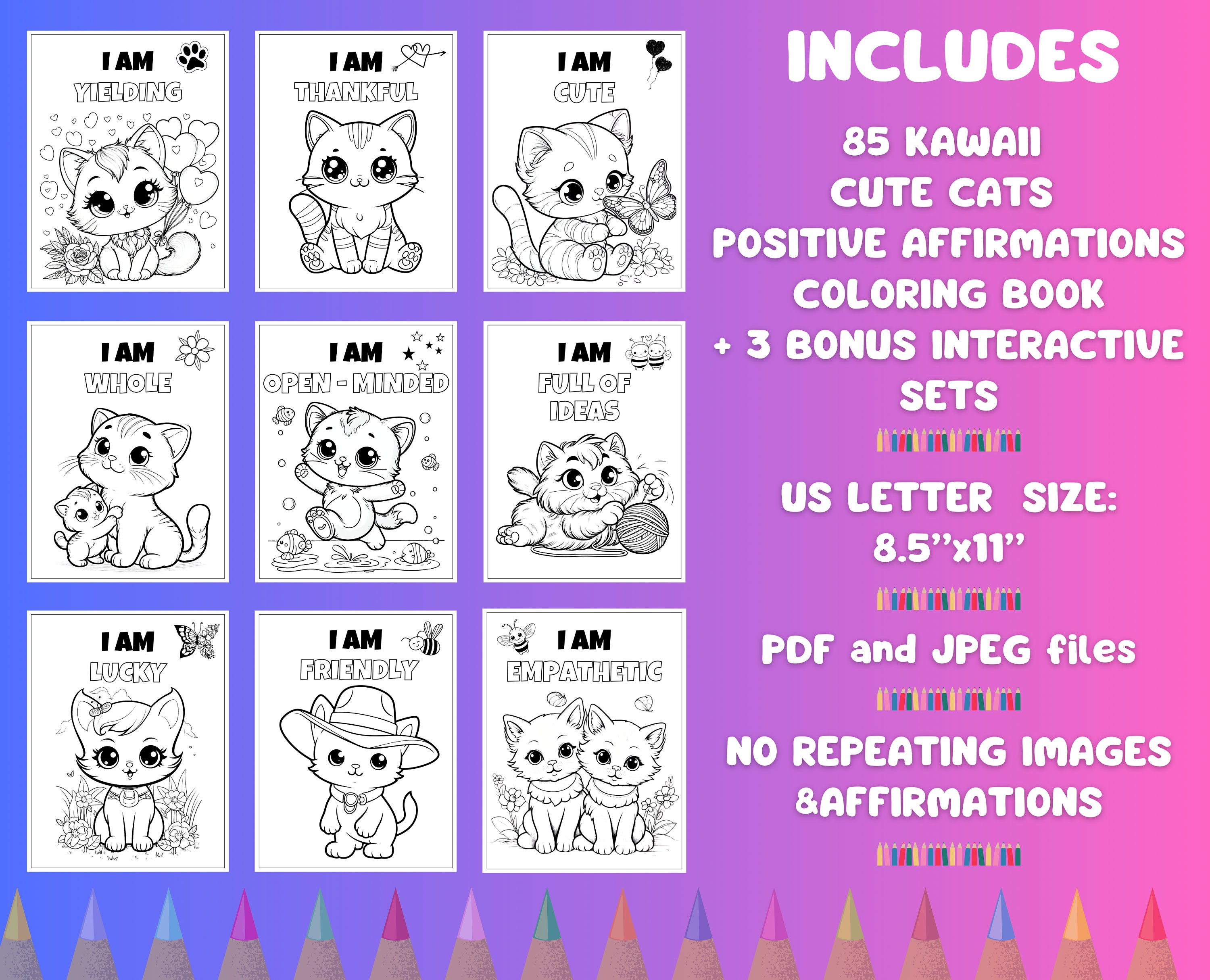 85 Kawaii Cute Cats Positive Affirmations Coloring Book | Digital ...