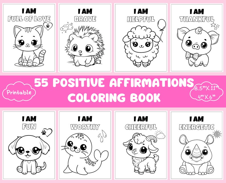 55 Baby Animals Positive Affirmations Coloring Book | Digital Download ...