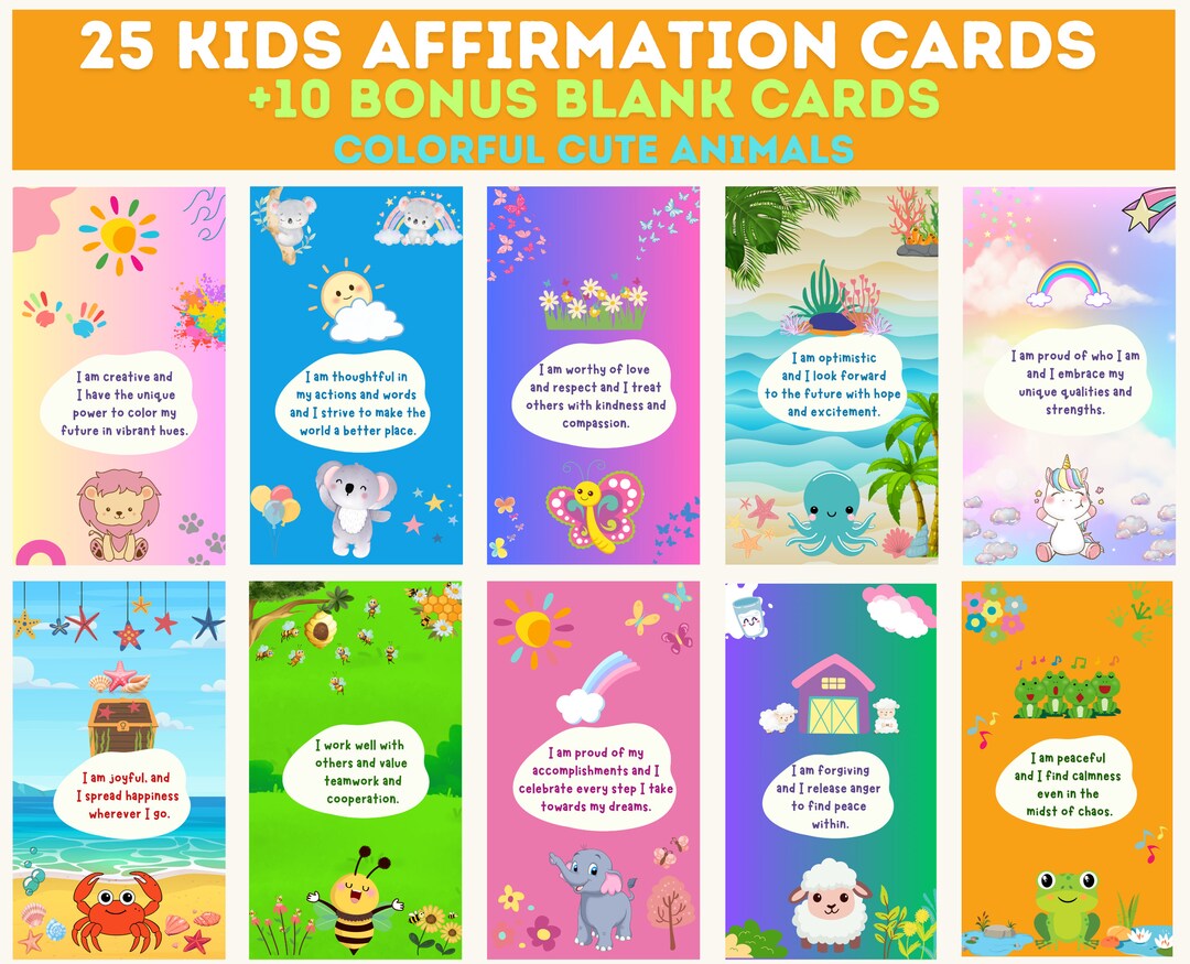 25 Colorful Cute Animals Kids Affirmation, Self Esteem Cards, 10 Blank ...