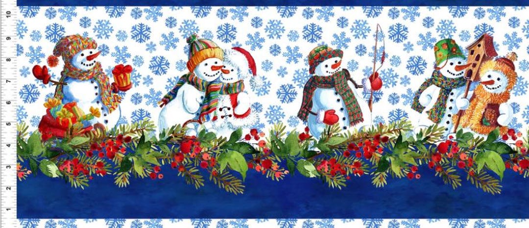 Snowman Christmas Border Print Stripe Top Quality Quilt Shop Cotton - Etsy