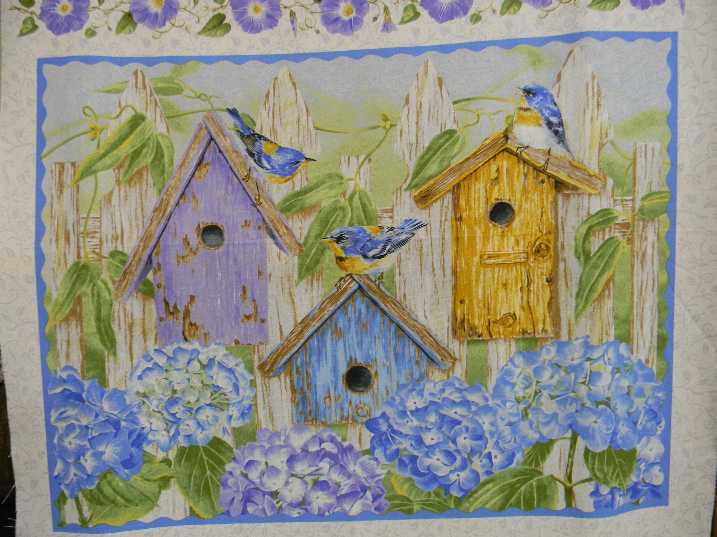 Hydrangea Birdsong Cotton Quilt Panel Wall Hanging panel | Etsy