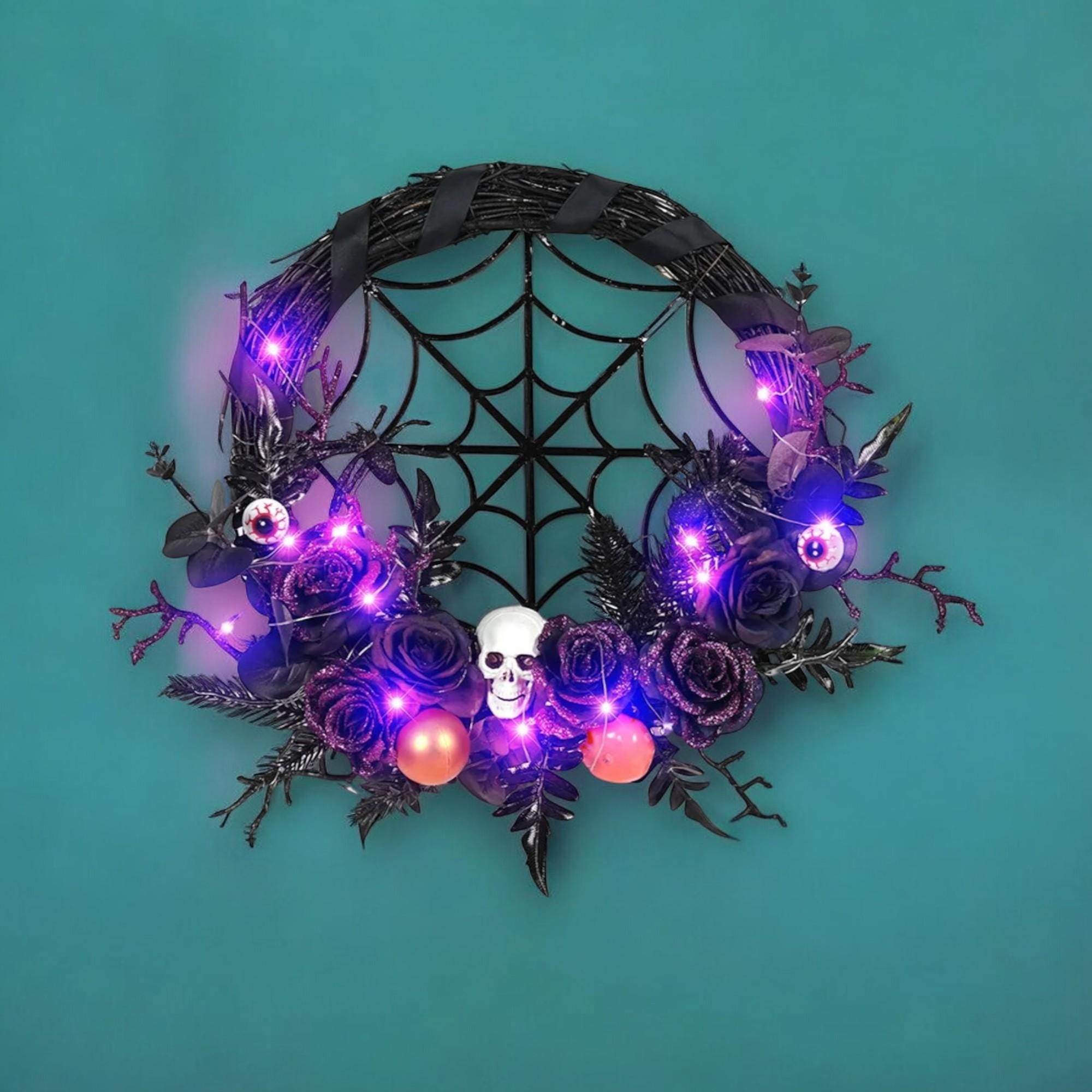 Spooky Halloween Wreath LED Light up Wreath Black Roses & Skull Decor ...