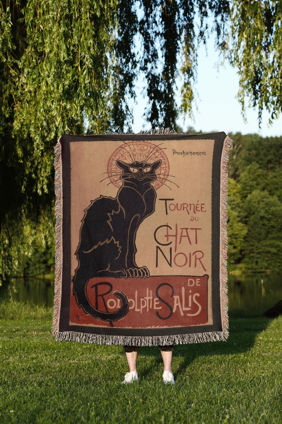 Elegant Black Cat Woven Blanket Featuring Chat Noir Design, Vintage ...