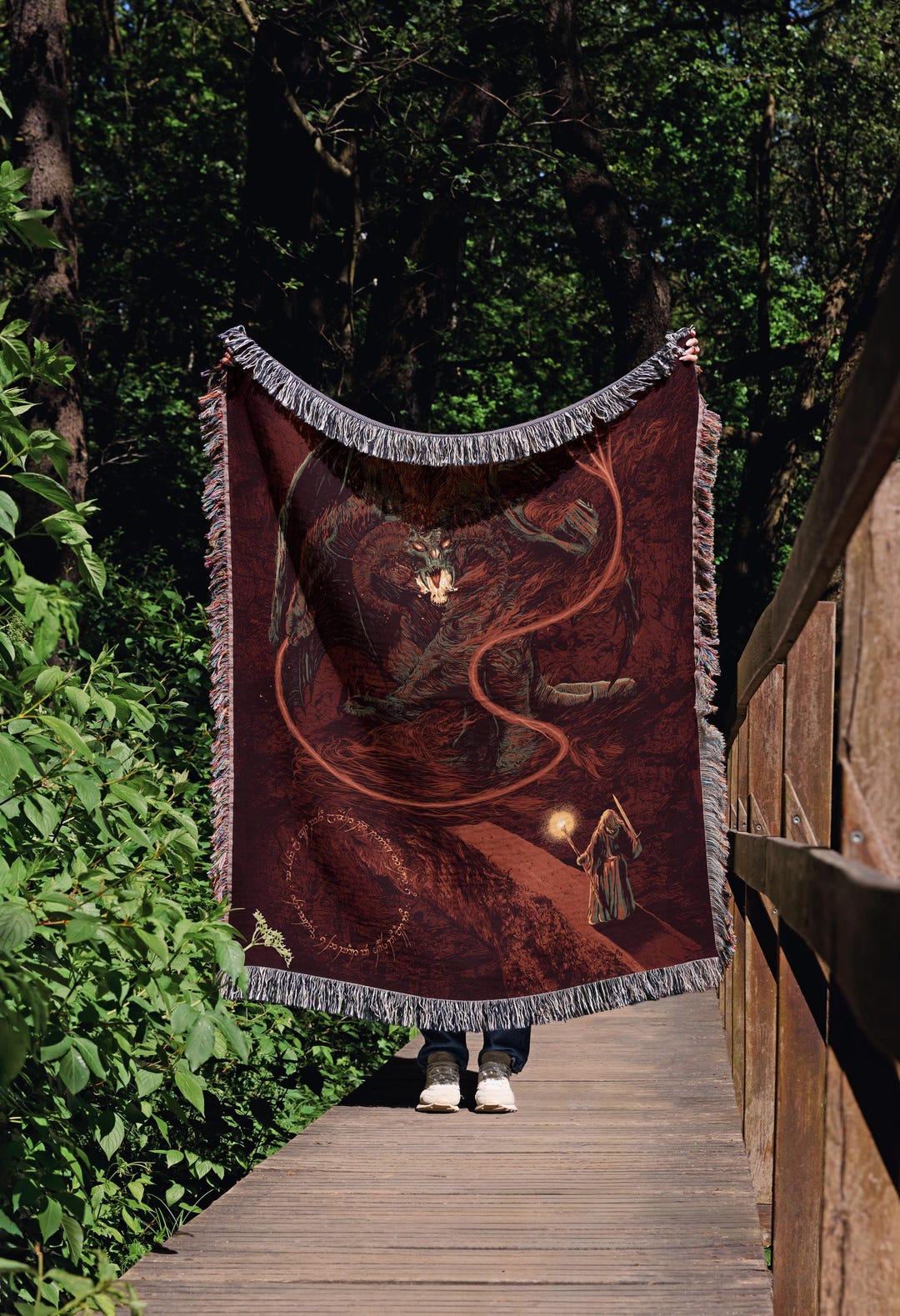 Grey Robed Wizard Vs Fire Demon Woven Blanket: Epic Bridge Battle ...