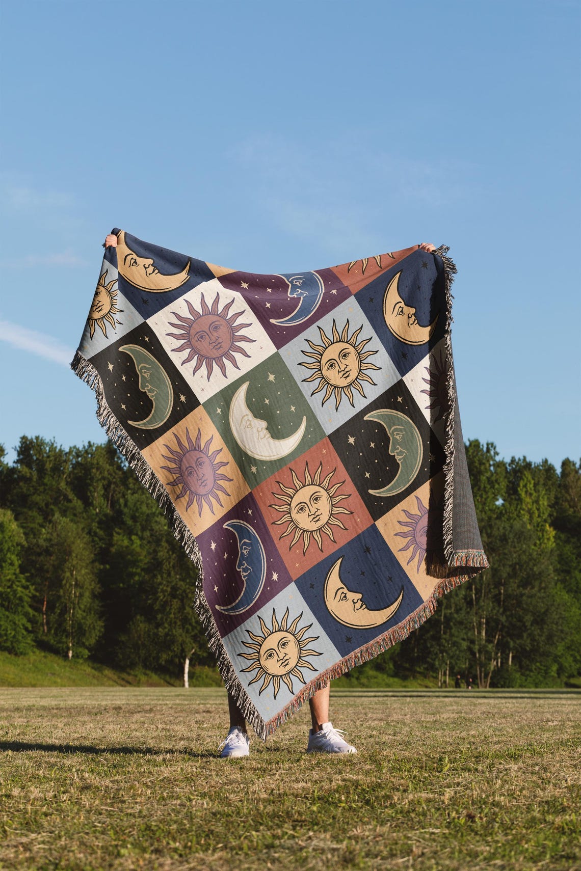Boho Sun and Moon Woven Blanket: Celestial Checkerboard Throw - Etsy