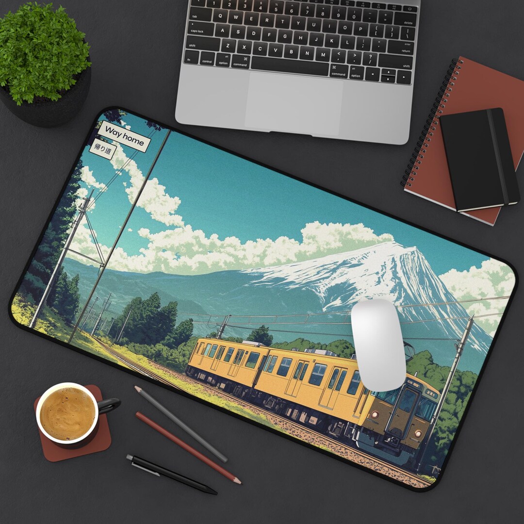 Anime Train Desk Mat, Mt Fuji Scenery Mousepad, Way Home Japanese Art ...