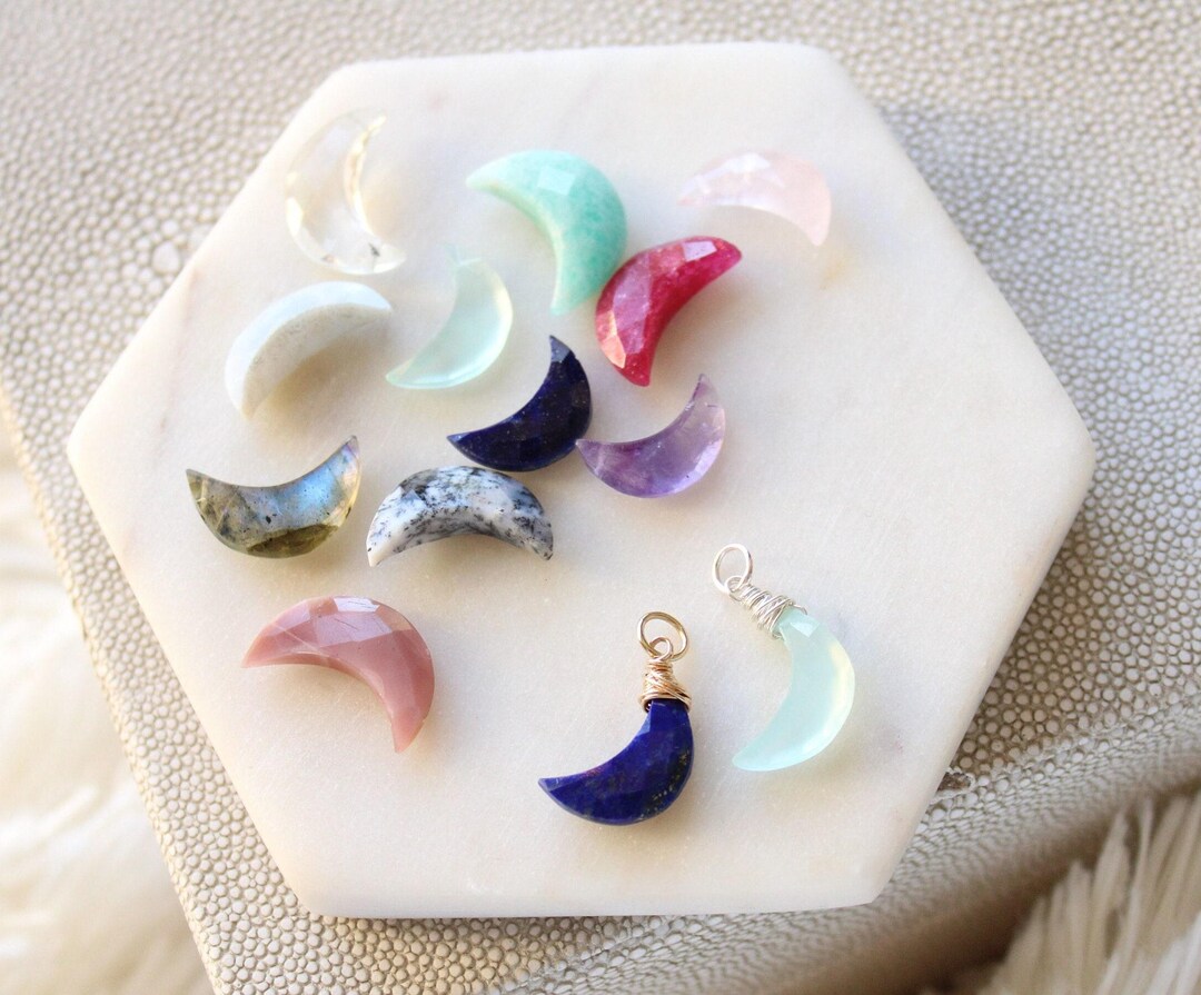 Natural Stone Crescent Moon Charm, Wire Wrapped Pendant for Permanent ...
