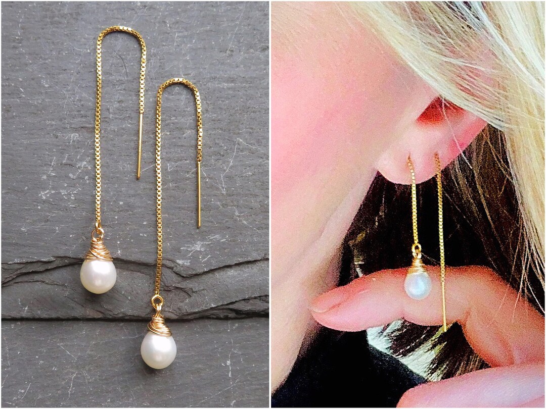 Pearl Threader Earrings, Gemstone Dangle, Gold Filled - Etsy