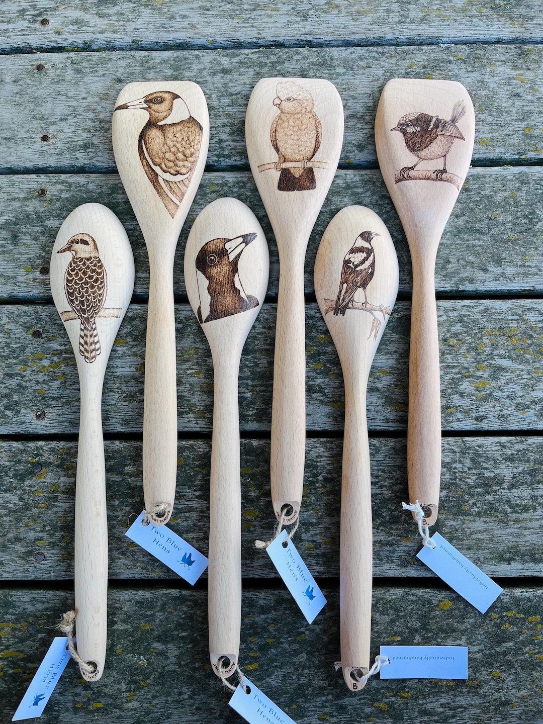 Handburned Australian Native Bird Spoons, Magpie, Galah, Kookaburra ...
