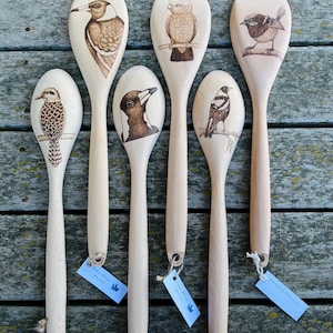 Handburned Australian Native Bird Spoons, Magpie, Galah, Kookaburra ...