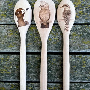Handburned Australian Native Bird Spoons, Magpie, Galah, Kookaburra ...