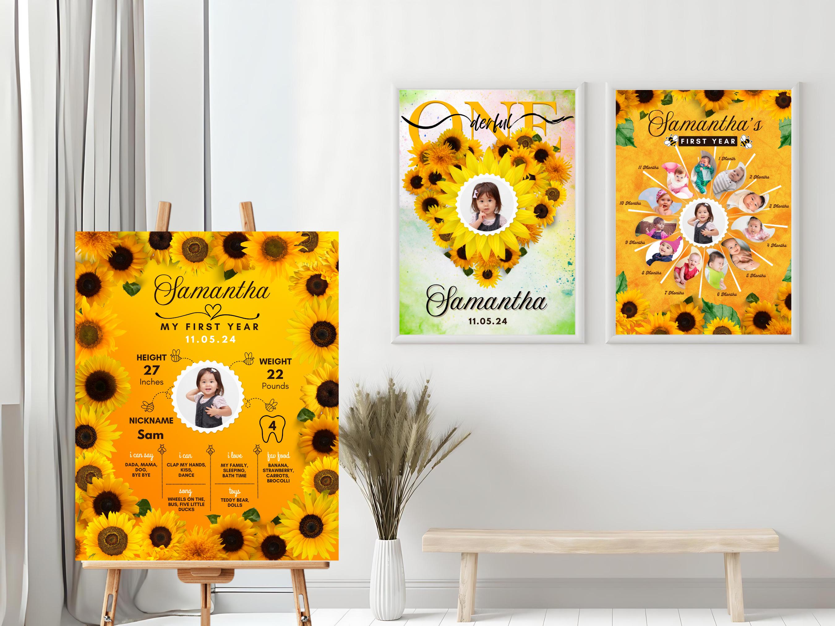 3 Sunflower First Year Birthday Milestone Board Layout Bundle, Welcome ...