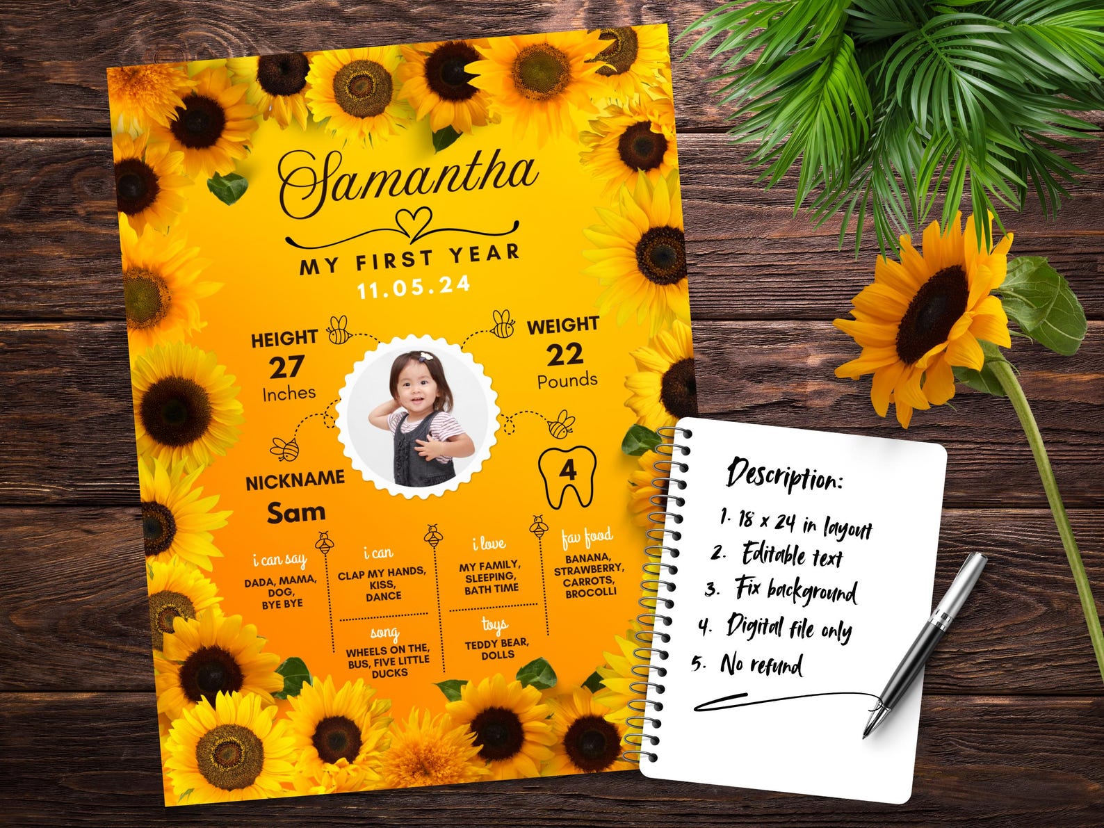 3 Sunflower First Year Birthday Milestone Board Layout Bundle, Welcome ...