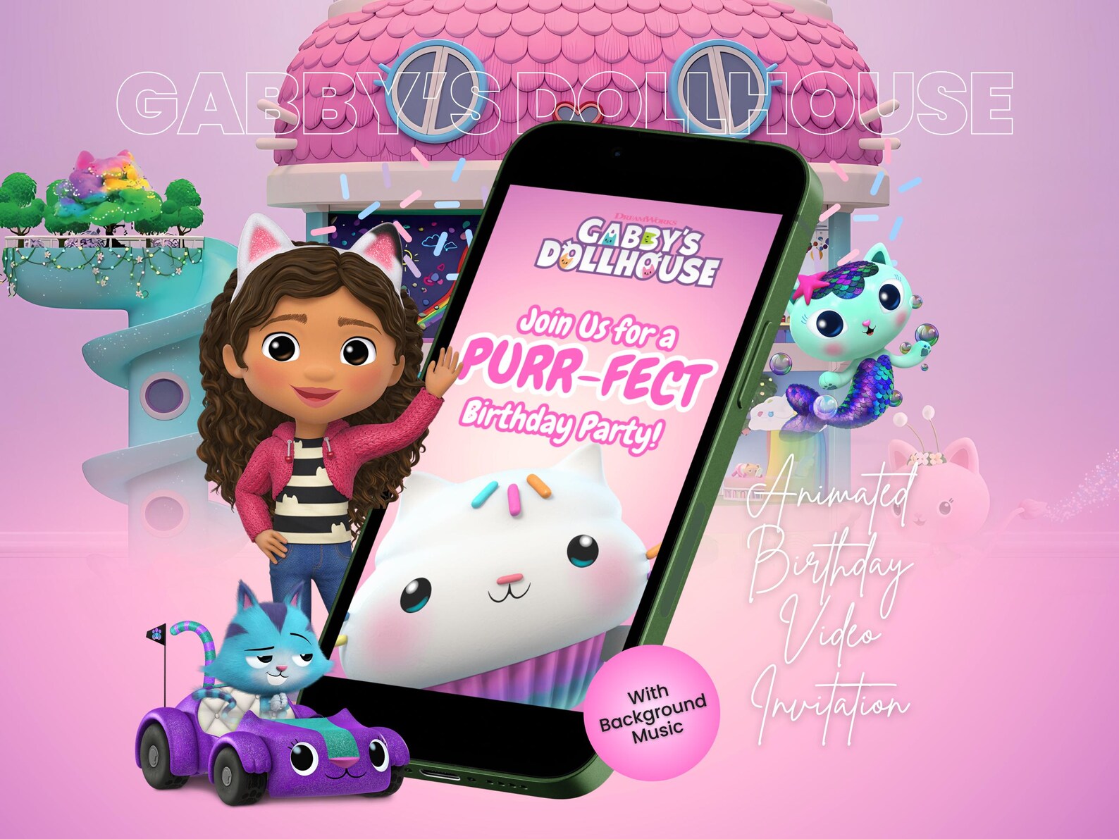 Animated Gabbys Dollhouse Birthday Invitation, Digital Gabby Dollhouse ...
