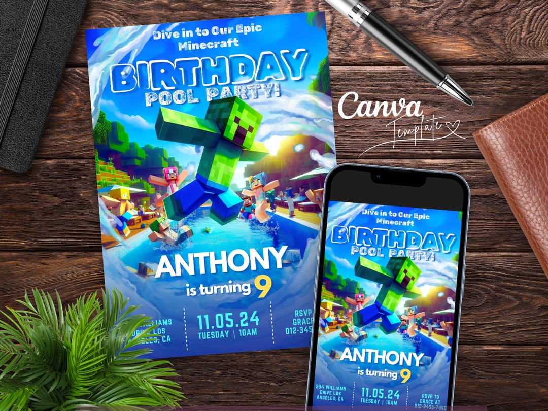 Minecraft Pool Party Invitation, Splash Birthday Invitation ...