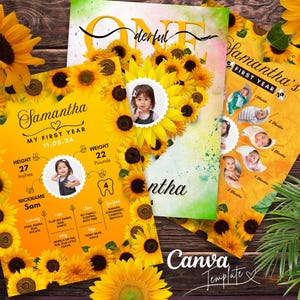 3 Sunflower First Year Birthday Milestone Board Layout Bundle, Welcome ...
