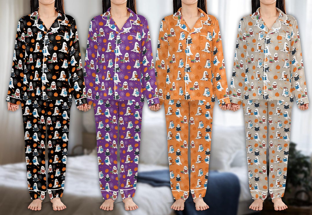 Halloween Satin Pajama Set, Fall Vibes Sleepwear, Spooky Ghost Reading ...