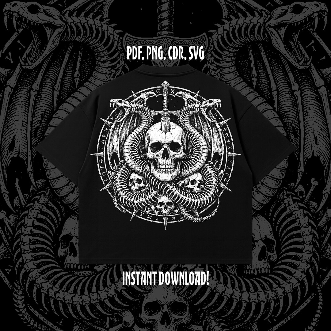 Occult Skull Sigil Illustration, Serpent and Sword Gothic Art, Dark ...