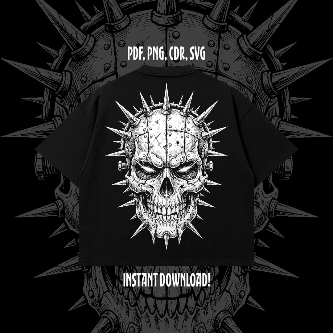 Spiked Iron Skull Mask Illustration, Industrial Horror Art, Black and ...
