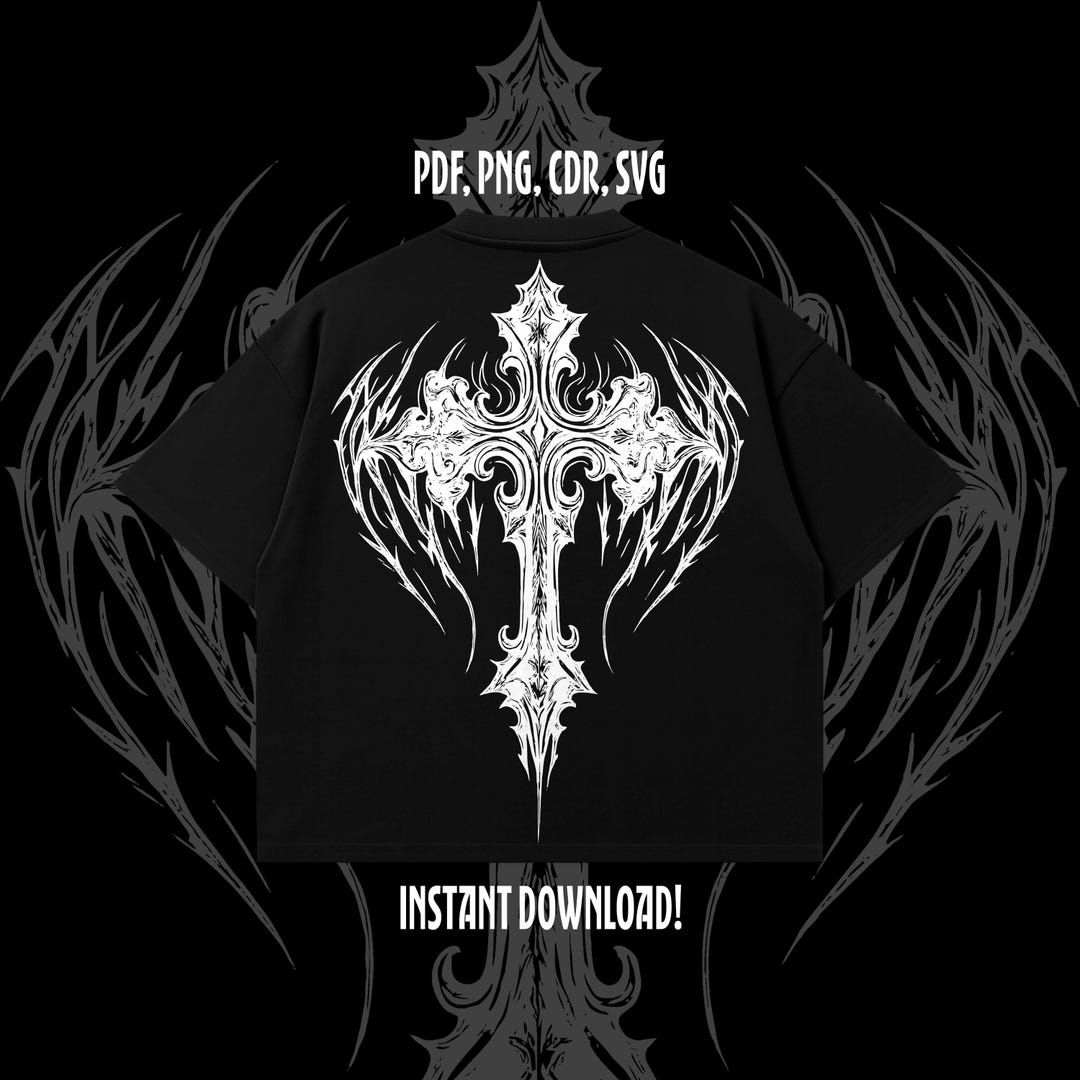 Gothic Tribal Cross Illustration, Dark Ornamental Winged Cross, Black ...