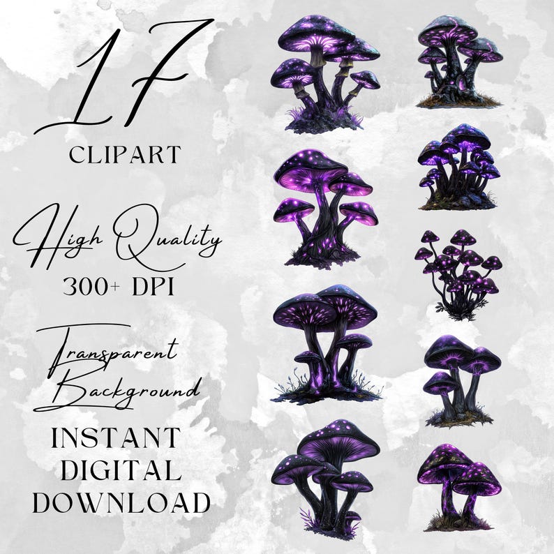 Enchanted Forest Mushroom Clipart X17 | Commercial Use | Black and ...