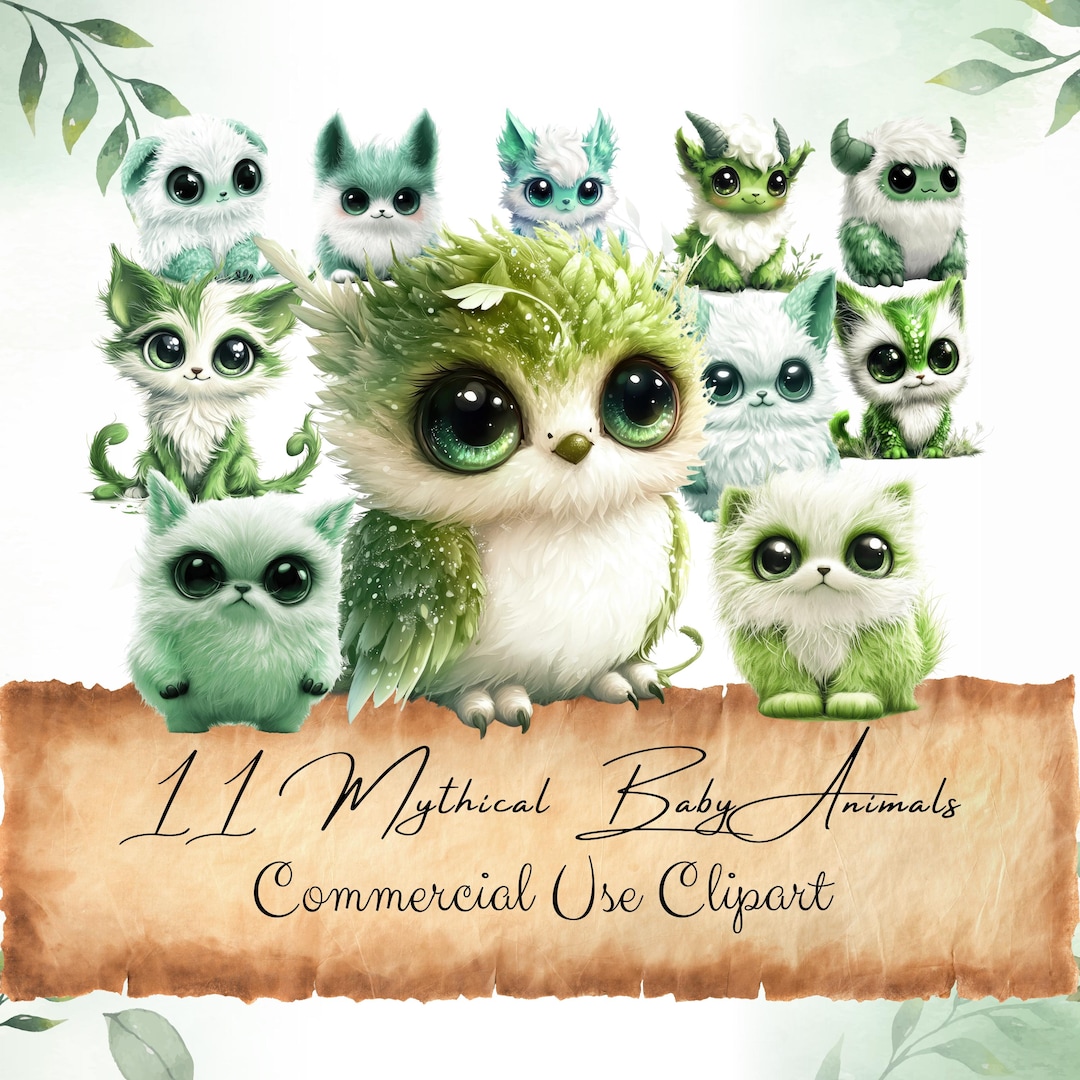 Green Mystical Creatures Clipart: Kawaii Chibi Animals (commercial Use ...