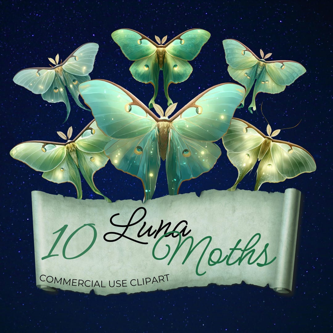 Luna Moths Clipart X10, Commercial Use, Glowing Green Mystical Insects ...