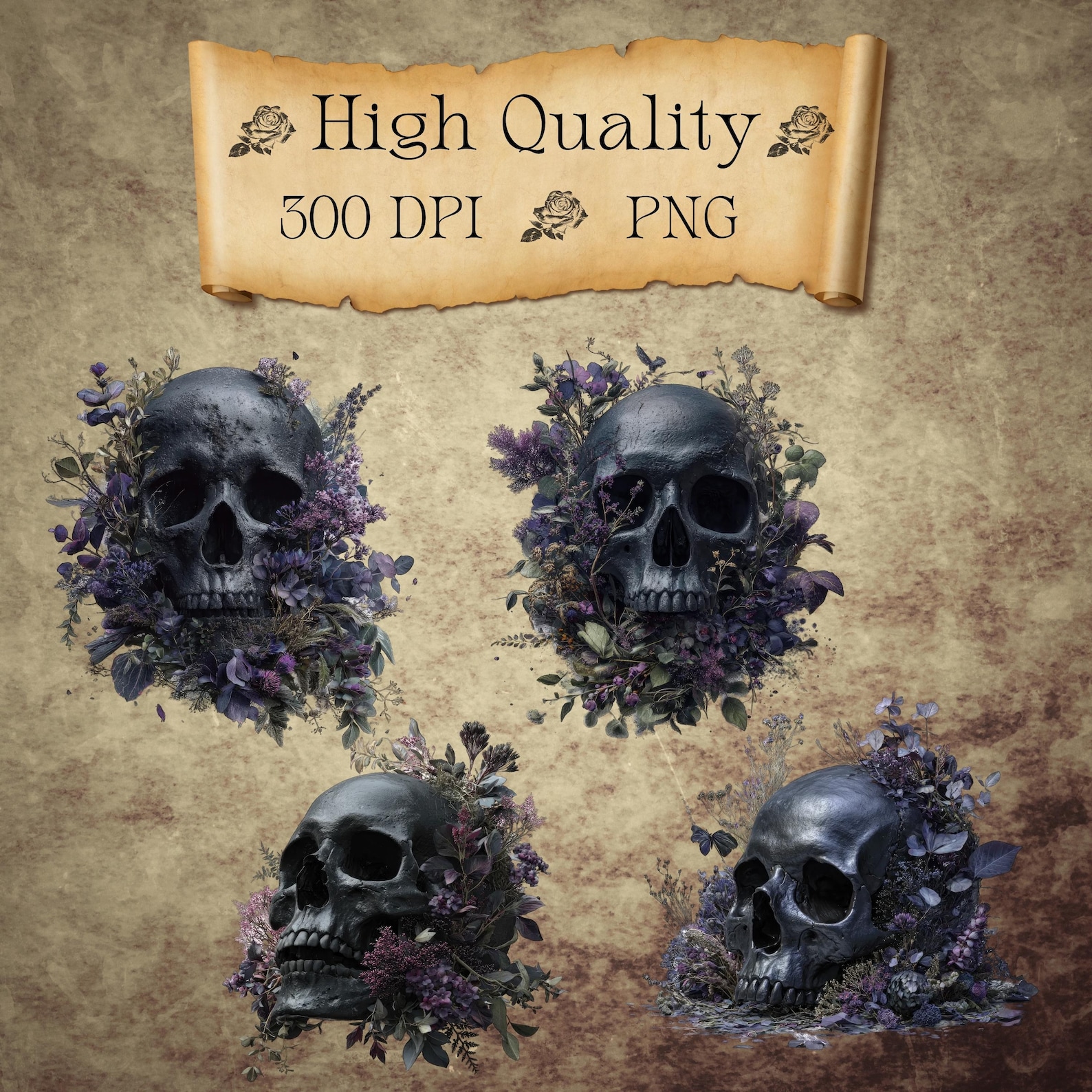 Gothic Skull & Flowers Clipart: Dark Academia Ephemera (digital ...
