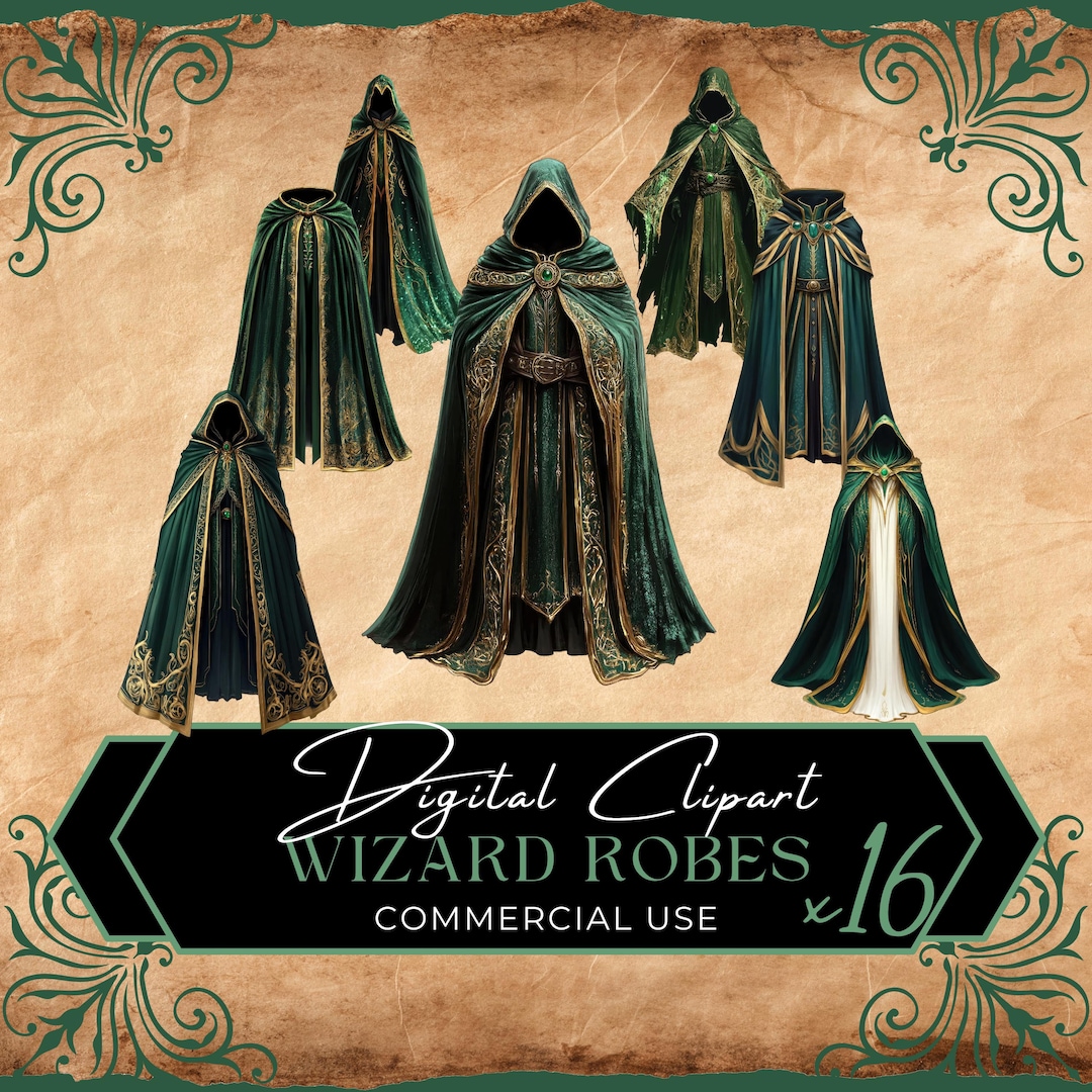 Wizard Robe Clipart X16 | Commercial Use, Green & Gold, Spellcaster ...