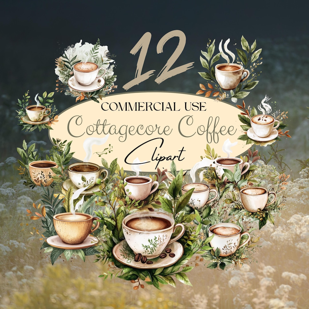Cottagecore Coffee Cup Clipart: Floral Foliage, Cozy Nature (commercial ...