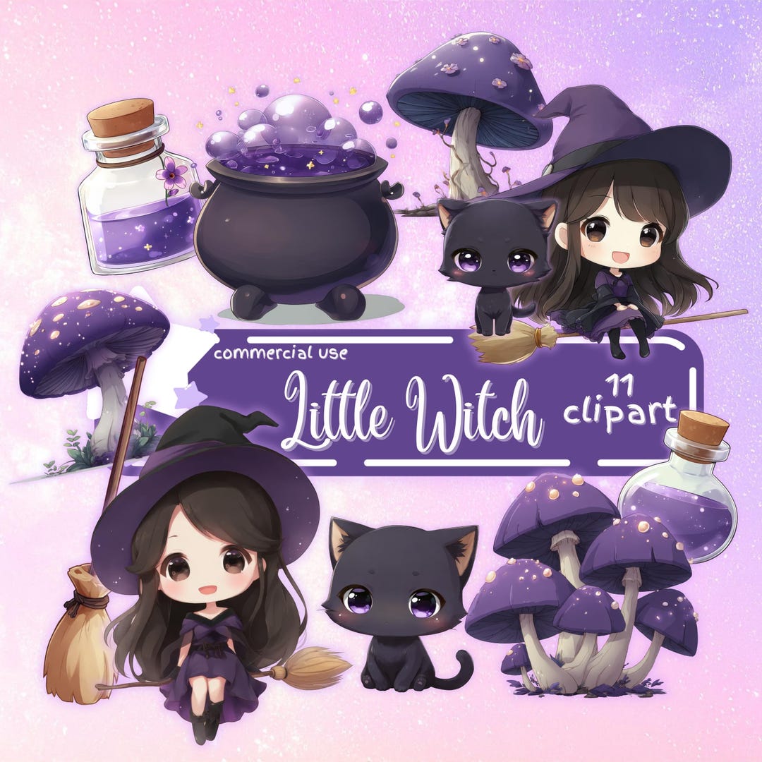 Little Witch Clipart Pack, Kawaii Chibi & Black Cats, Cartoon Mushrooms ...
