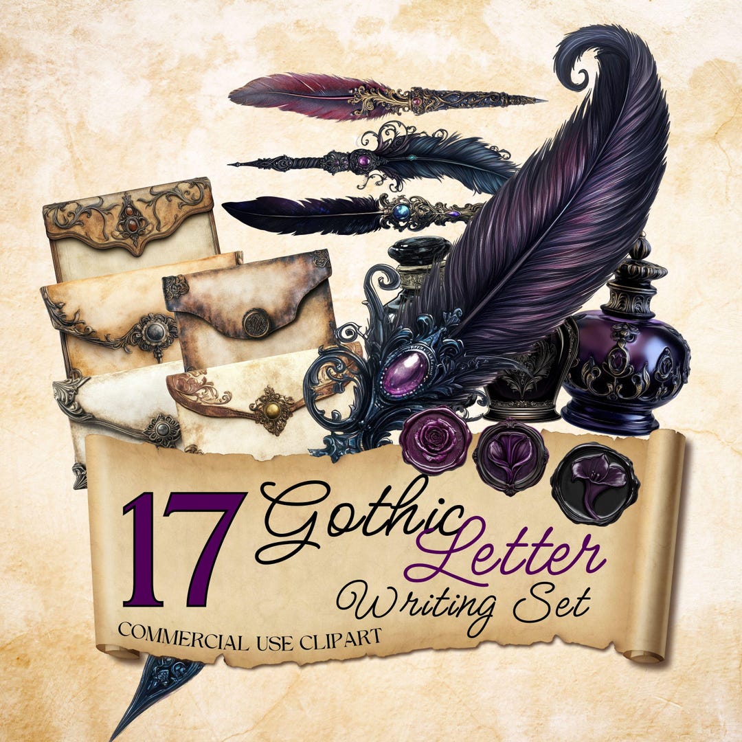 Gothic Romance Clipart X17, Letter Writing Set, Commercial Use Vintage ...