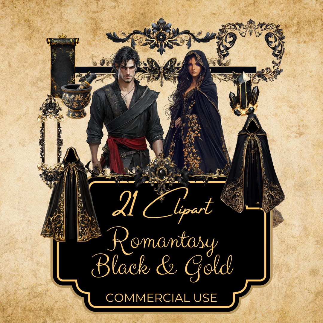 Romantasy Clipart, Medieval Fantasy Black & Gold X21, Commercial Use ...