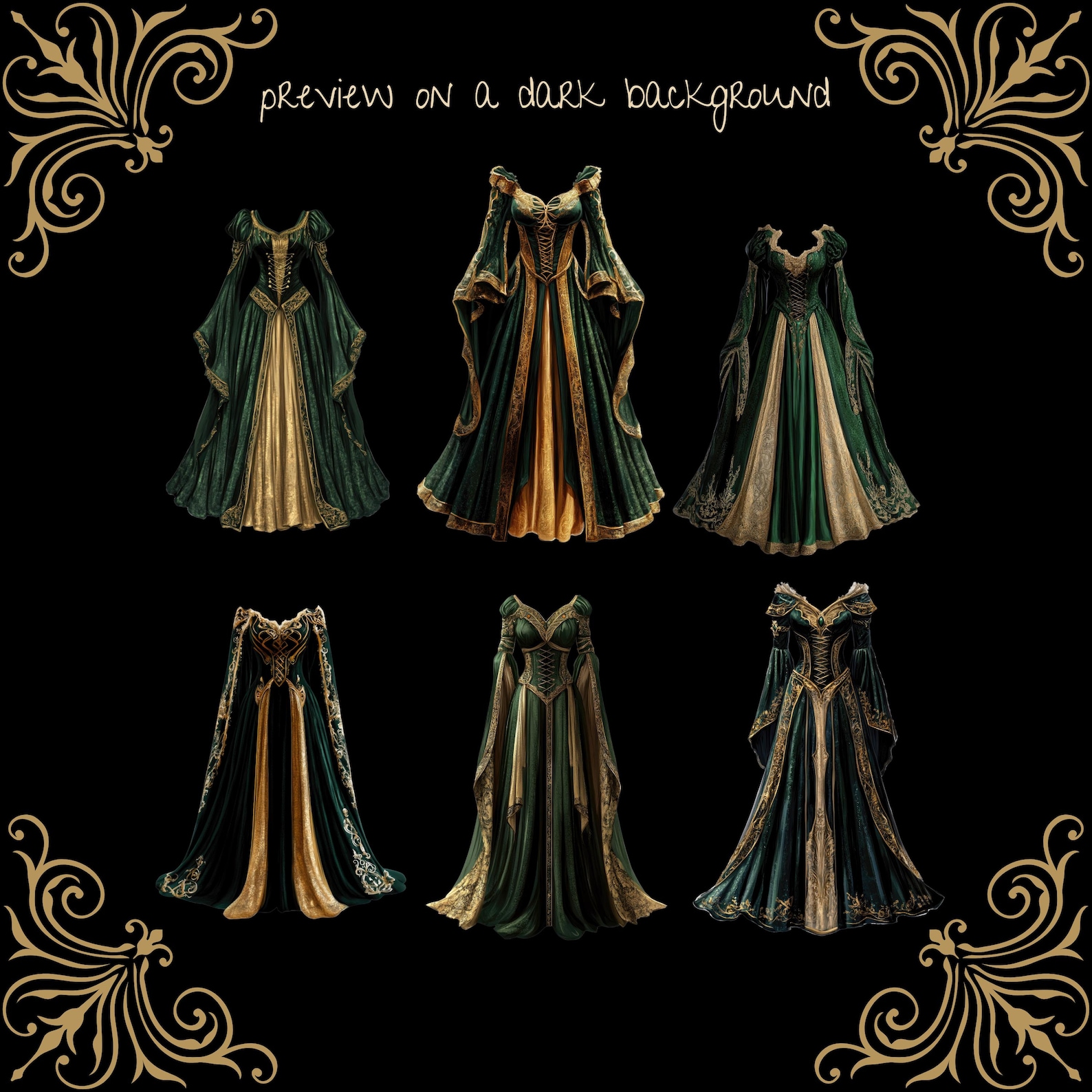 Emerald & Gold Medieval Dress Clipart: Celtic Princess Gowns (digital ...
