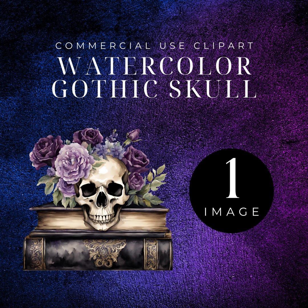 Watercolor Skull Clipart: Gothic Floral Book Stack (digital Download ...