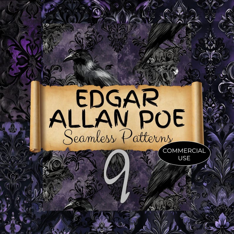 Poe Seamless Pattern, Edgar Allan Poe Gothic Victorian Digital Pages X9 ...