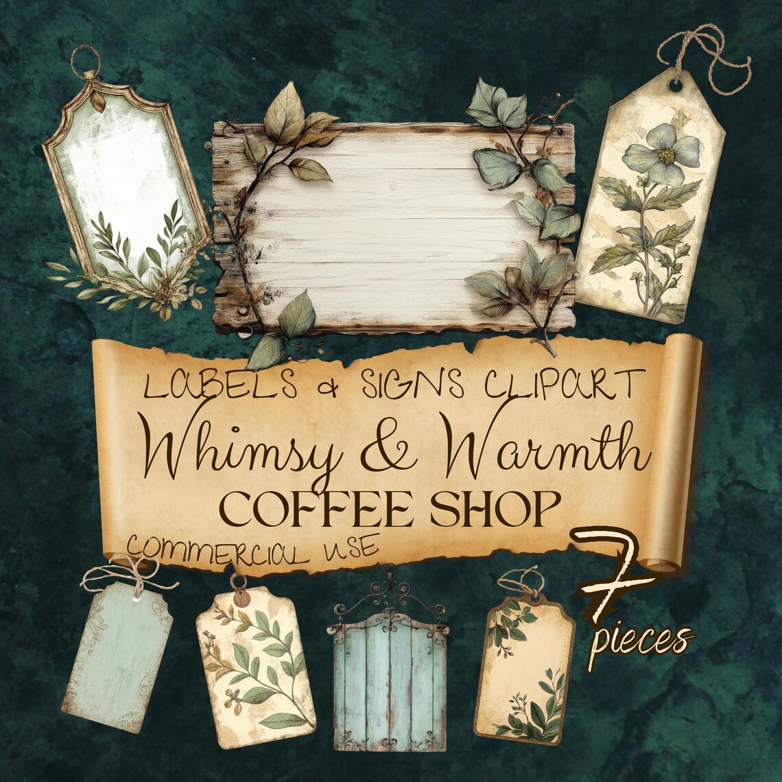 Cottagecore Coffee Shop Clipart: Hanging Signs & Labels (PNG Digital ...