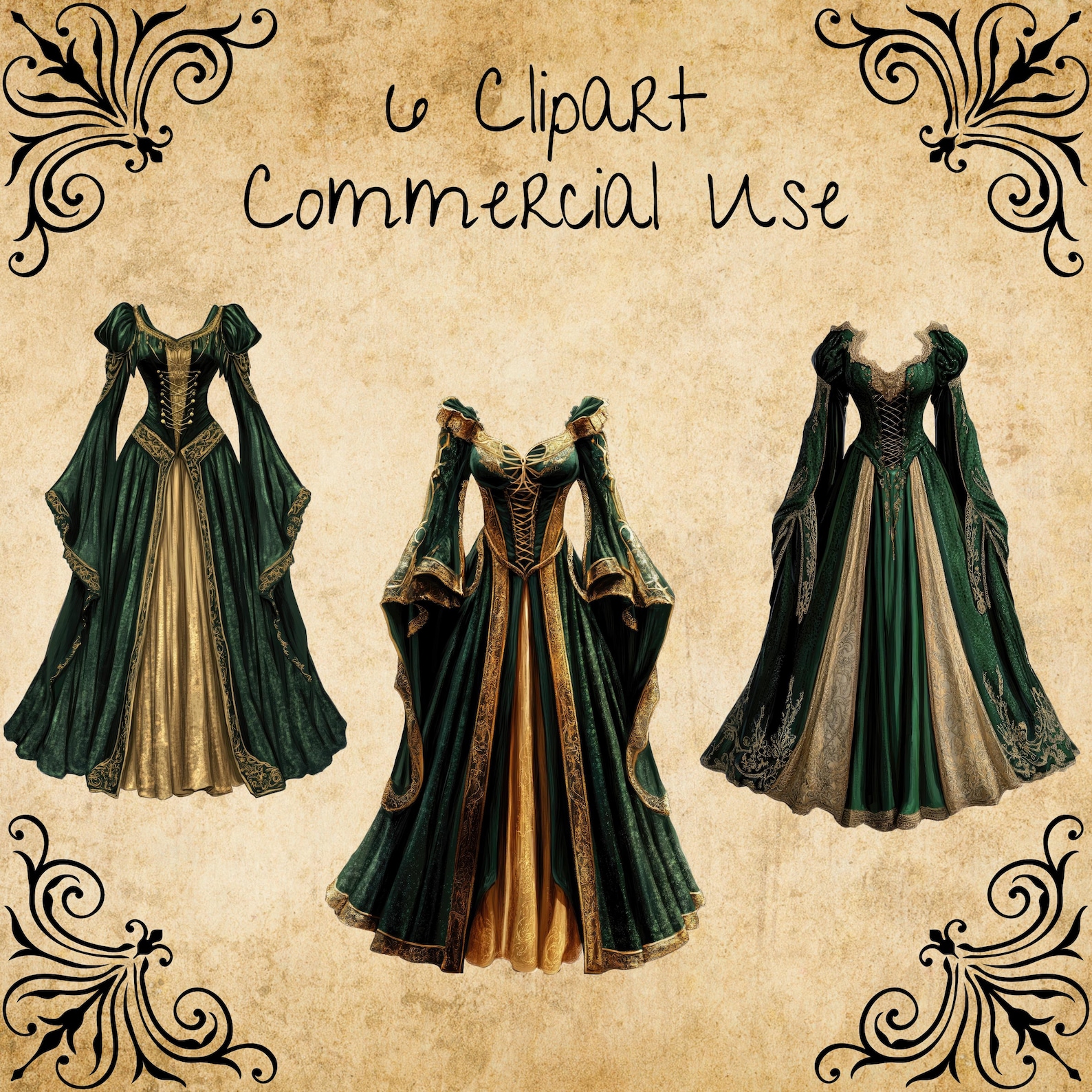 Emerald & Gold Medieval Dress Clipart: Celtic Princess Gowns (digital ...