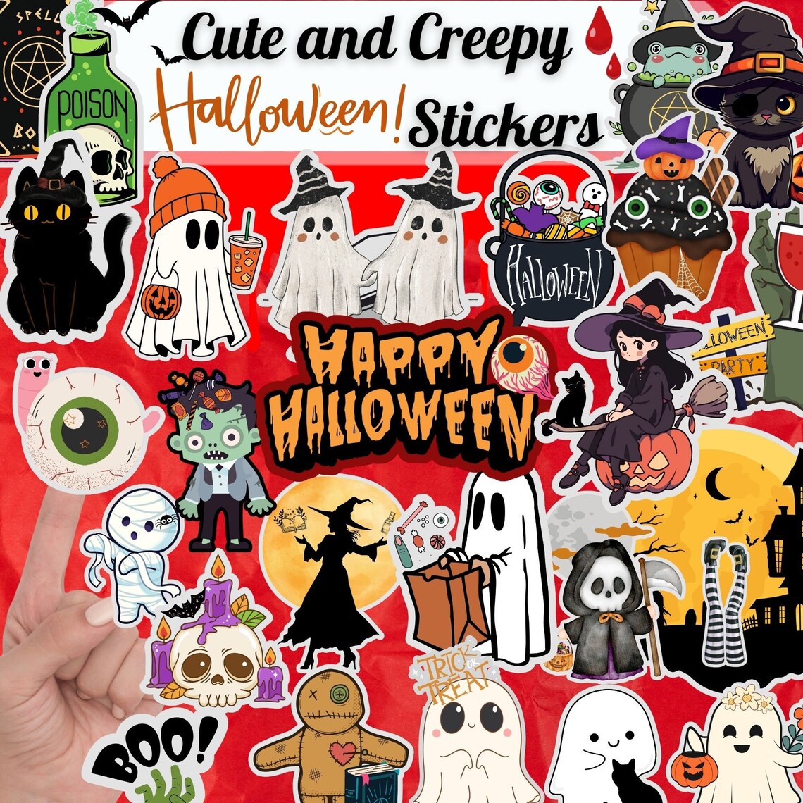 80 Spooky Halloween Stickers, Ghosts, Witches, Haunted Houses (PNG, SVG ...