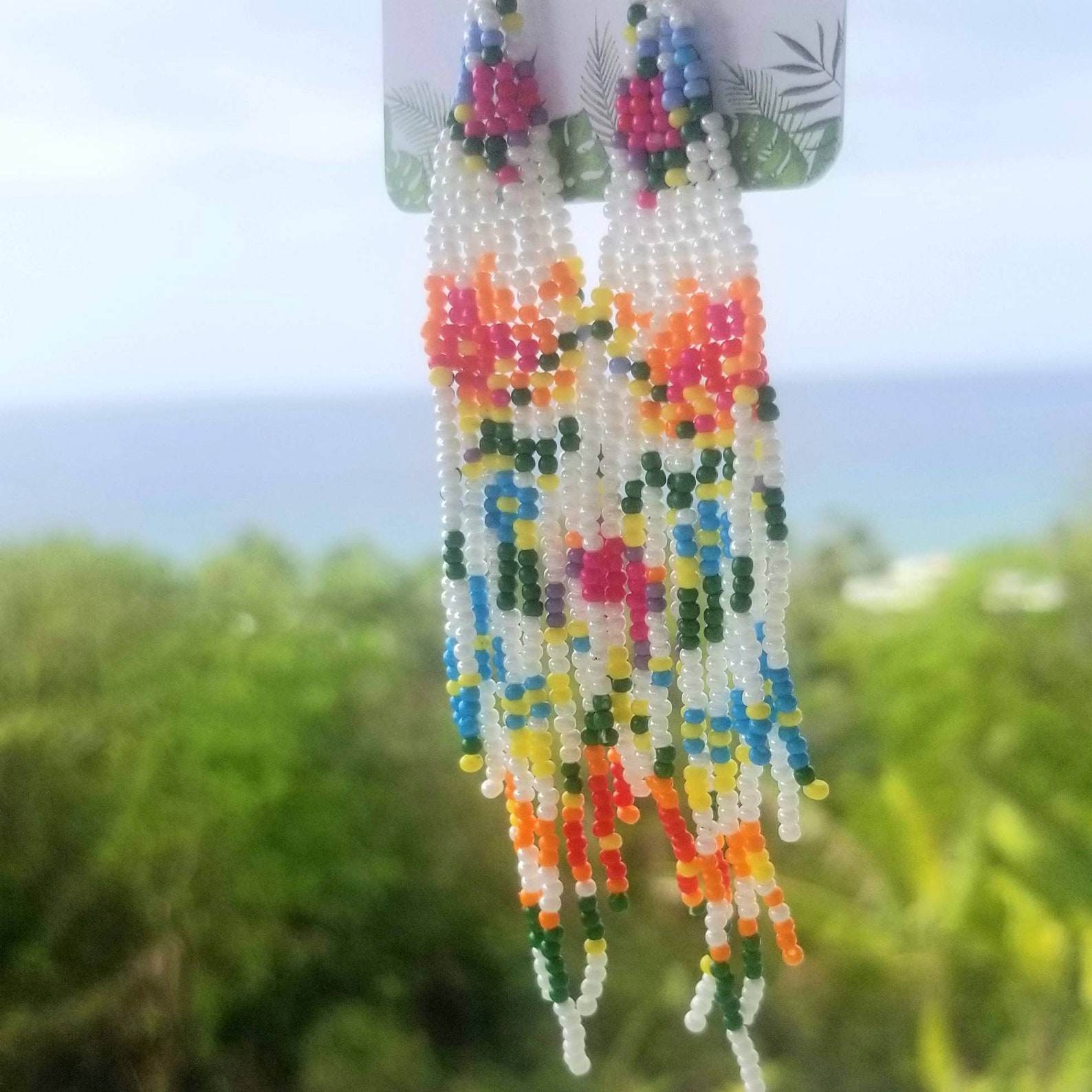 Long Beaded Earrings Floral Seed Bead Earrings Handmade Puerto Rico ...