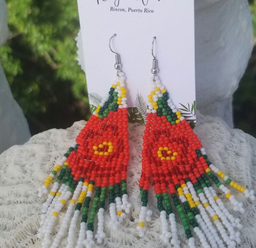 Handmade Puerto Rican Beaded Hibiscus Earrings Red Floral Seed Bead ...