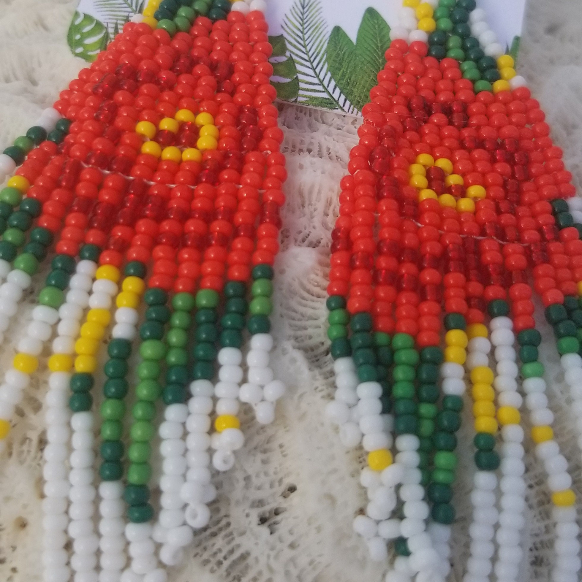 Handmade Puerto Rican Beaded Hibiscus Earrings Red Floral Seed Bead ...