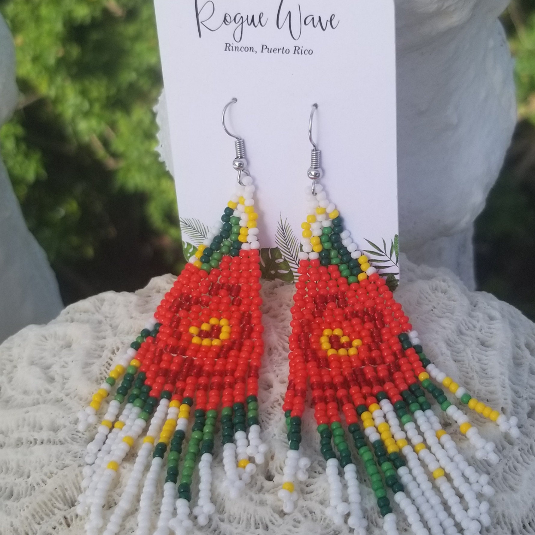 Handmade Puerto Rican Beaded Hibiscus Earrings Red Floral Seed Bead ...