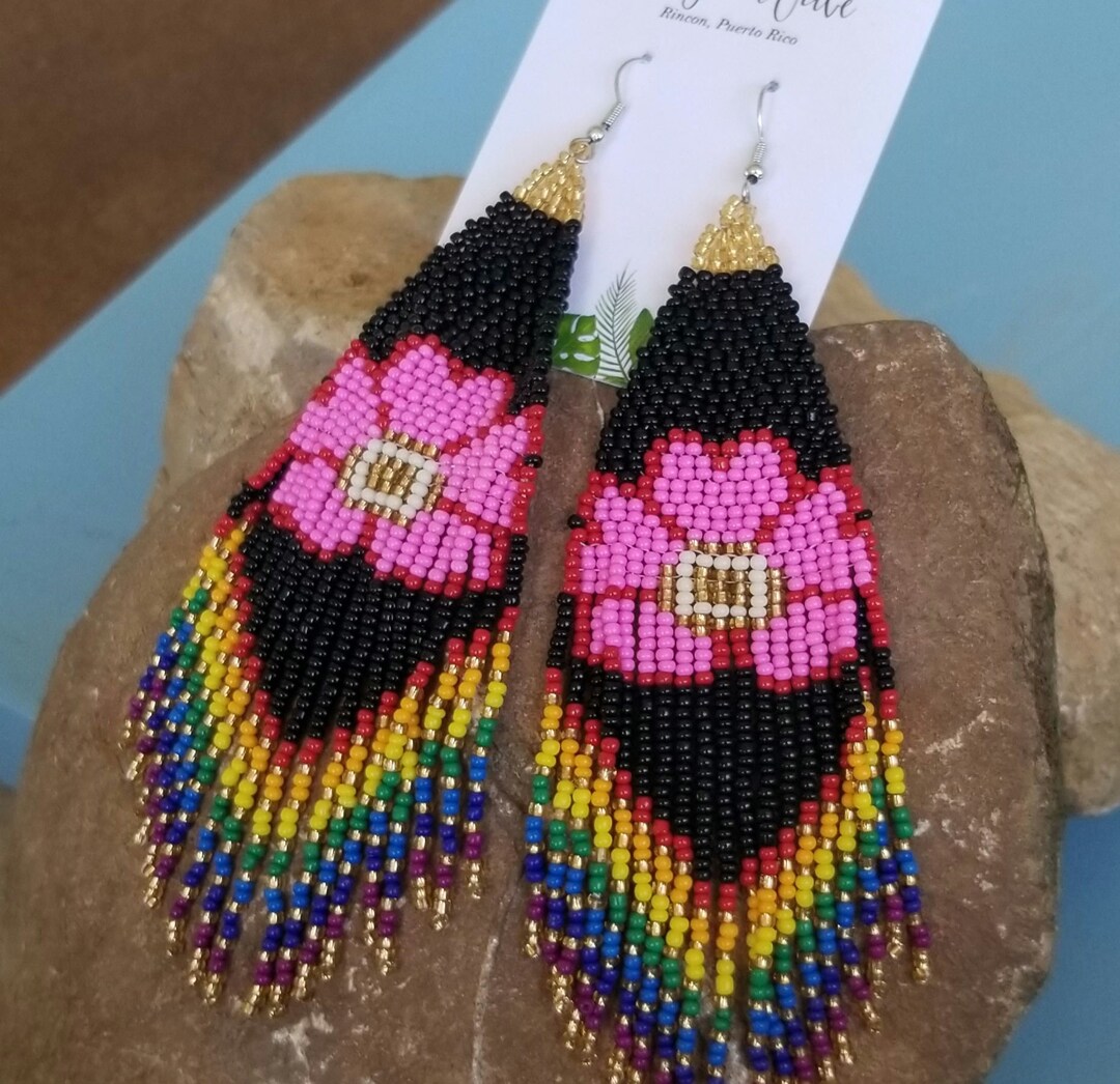Extra Long Beaded Puerto Rican Handmade Seed Earrings Art Festival Gift ...