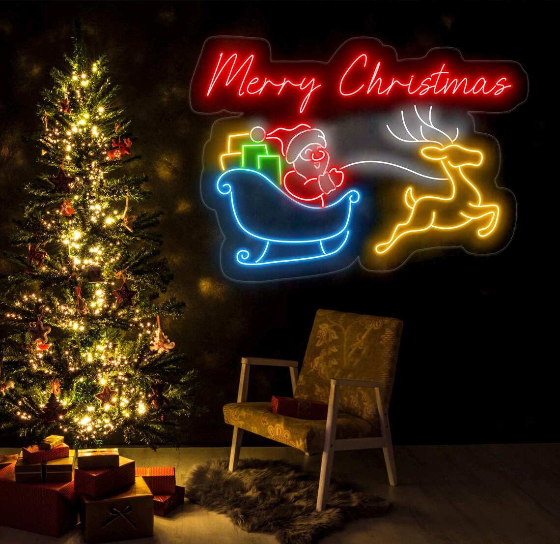 Merry Christmas Neon Sign - LED Christmas Lights, Santa Claus Decor ...